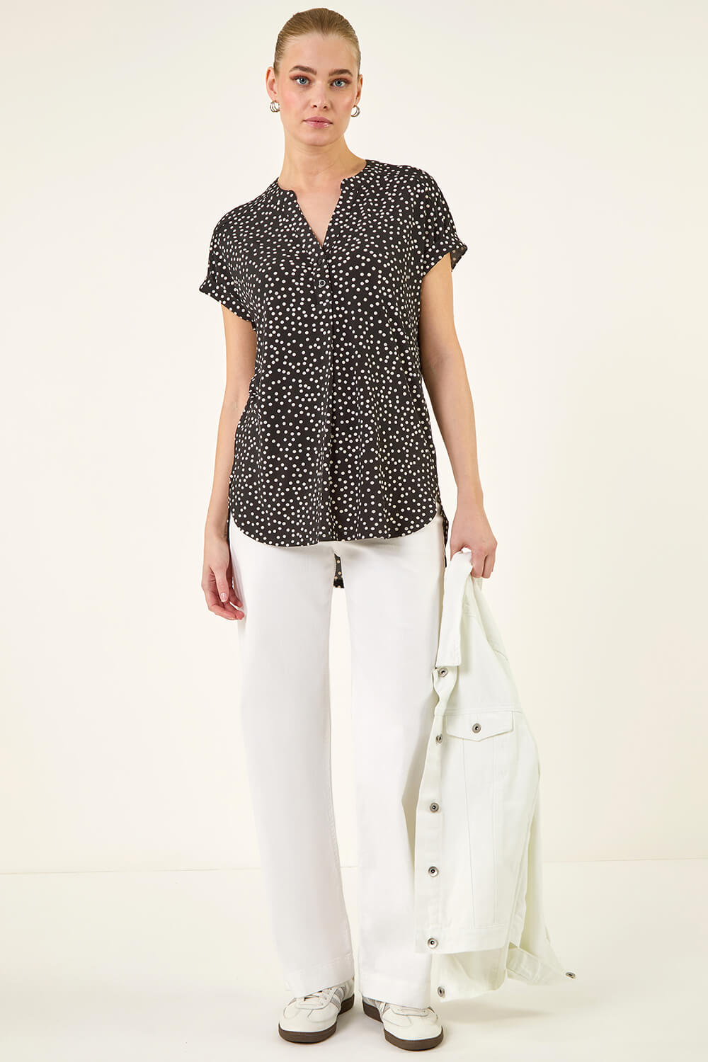Black Polka Dot Puff Print Top | Roman UK