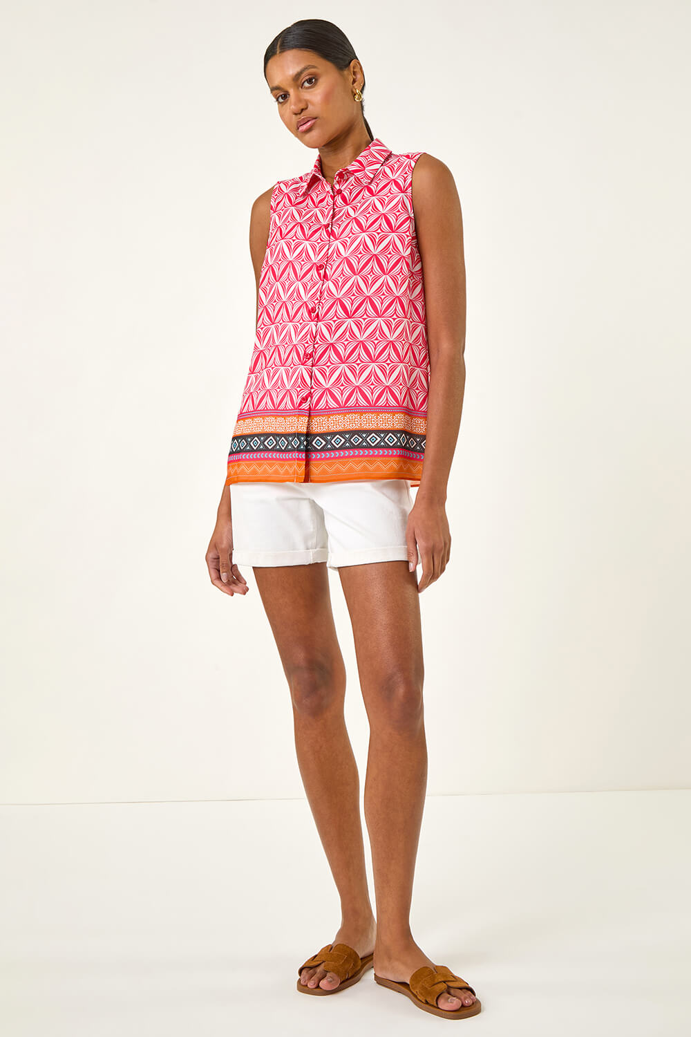 Red Geo Border Print Button Blouse | Roman UK