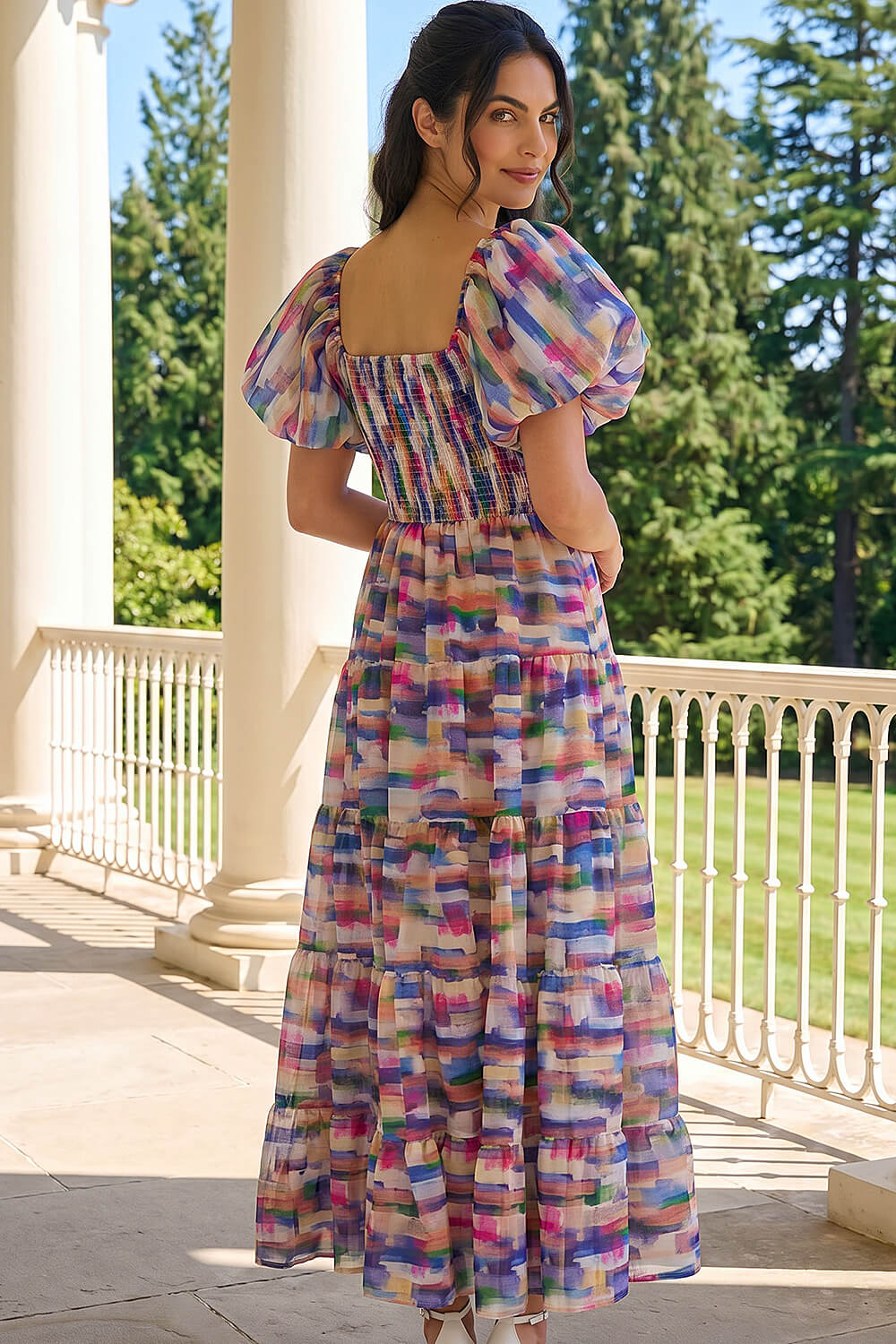 Pink Abstract Puff Sleeve Tiered Dress | Roman UK