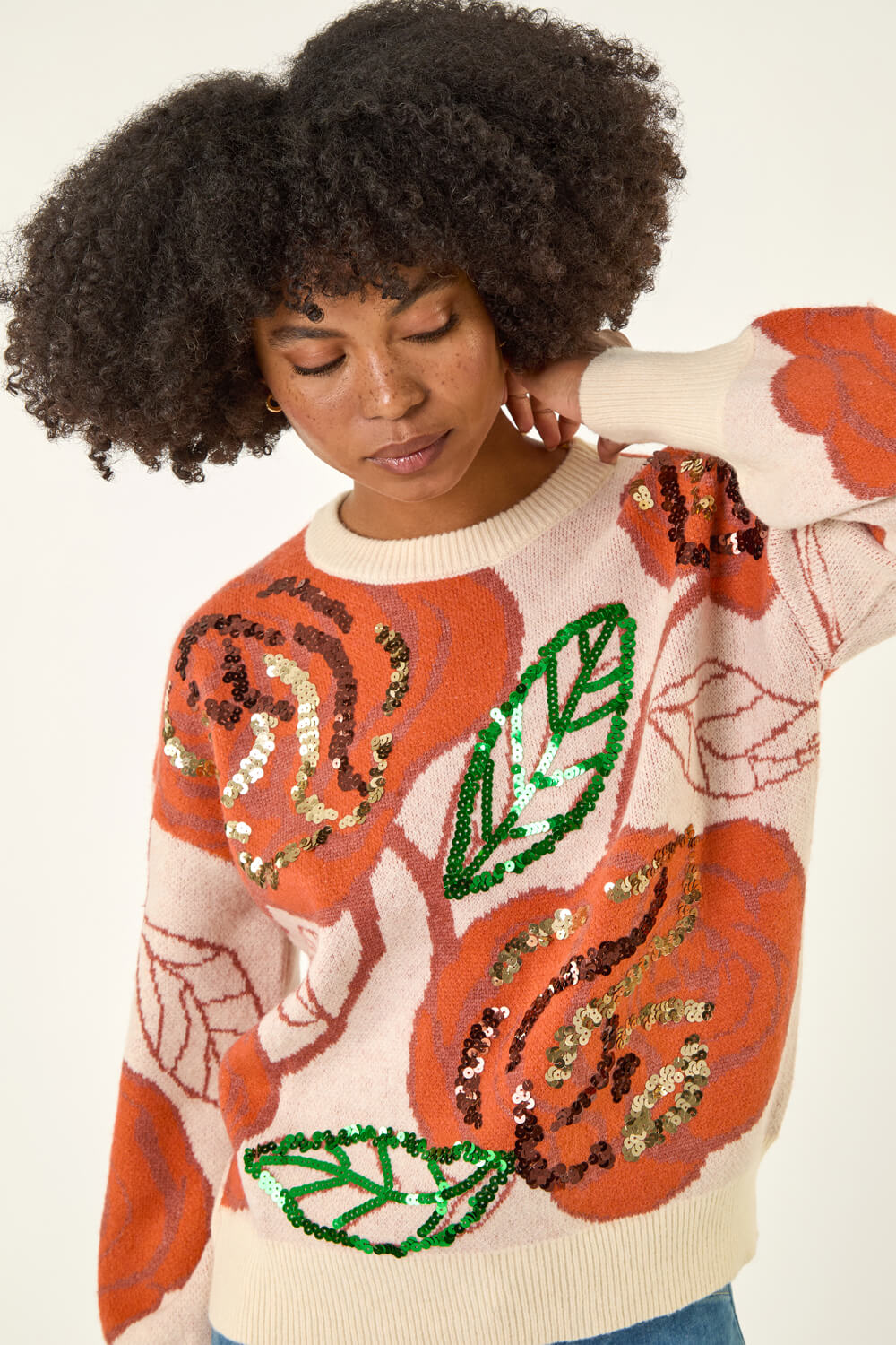 Ivory Sparkly Floral Knit Jumper | Roman UK