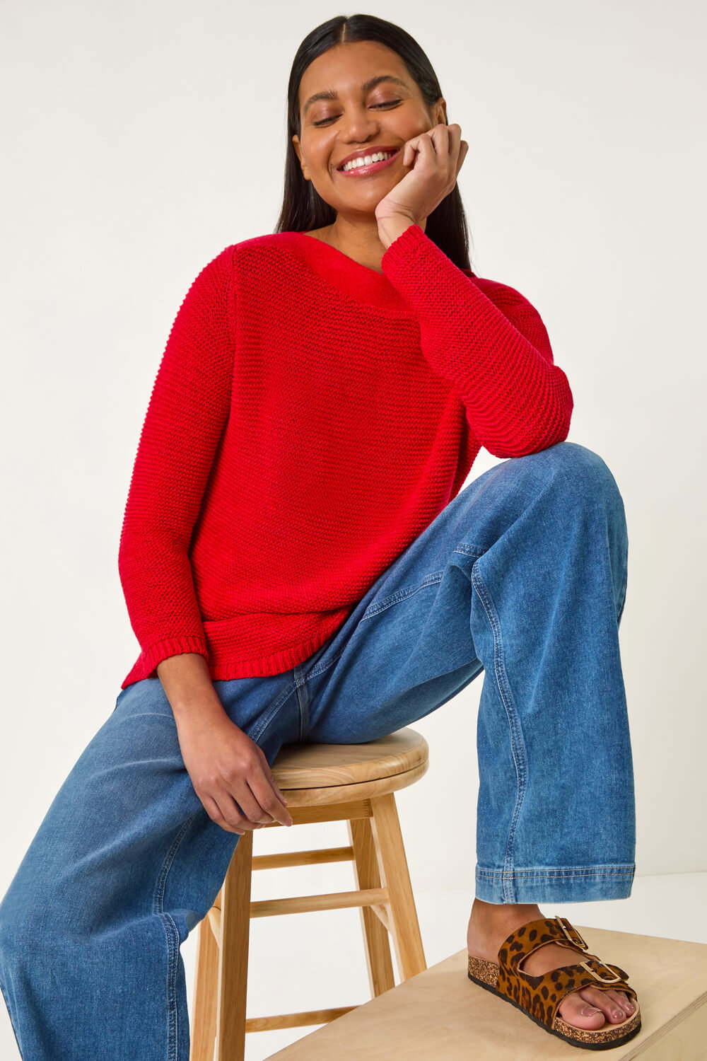 Red Textured Tape Yarn Knit Jumper | Roman UK
