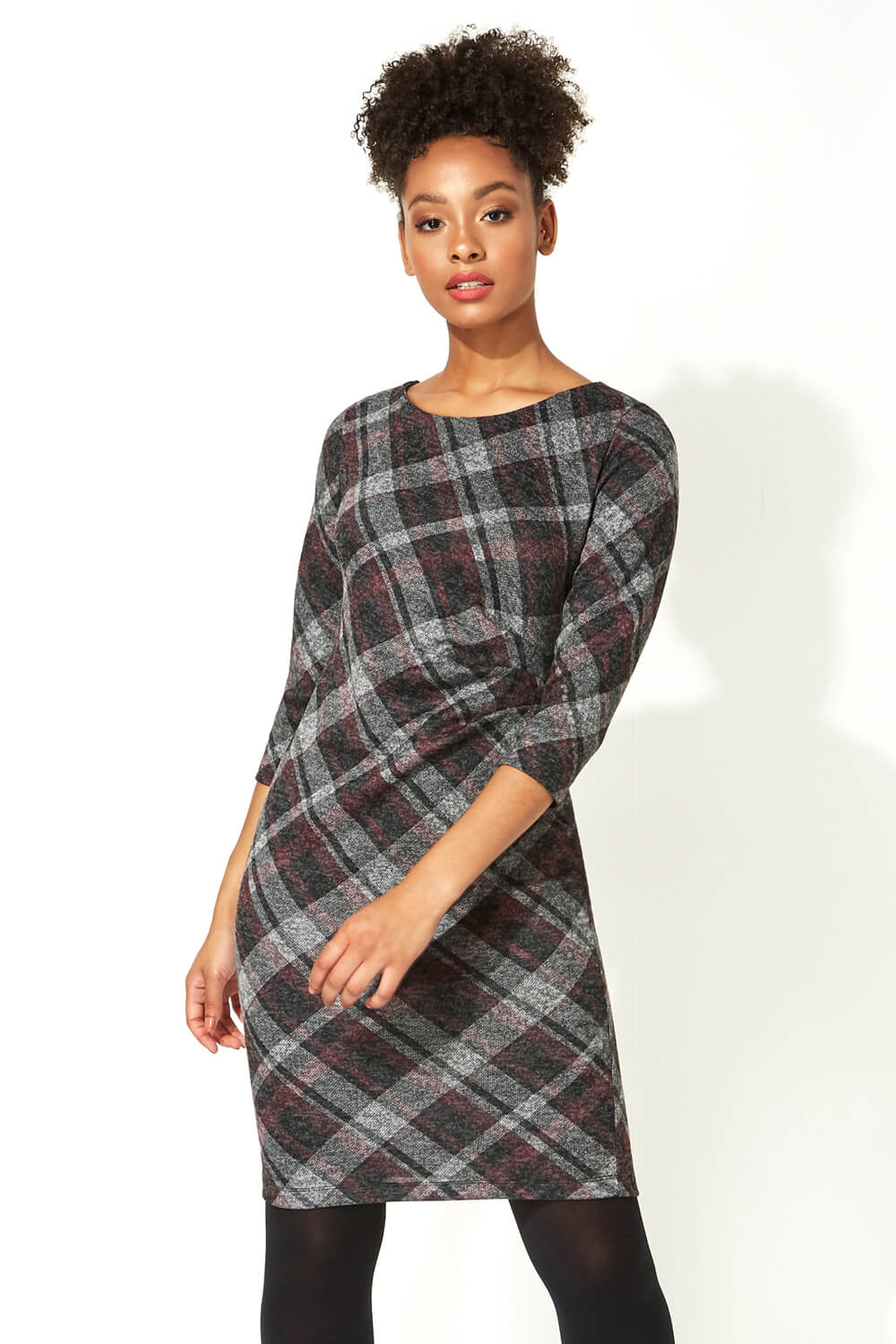Check Print Ruched Waist Dress in Red - Roman Originals UK