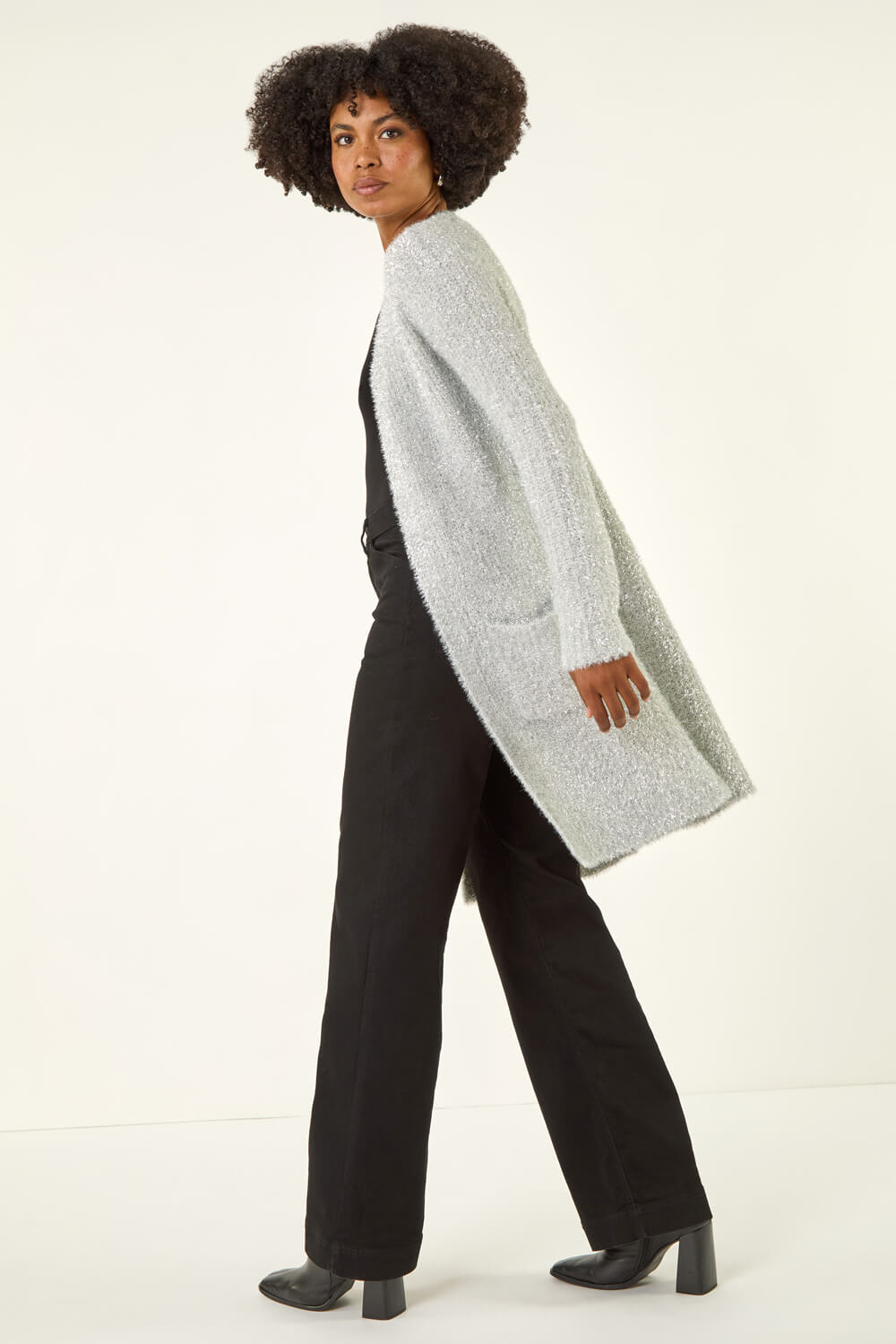 Silver Metallic Longline Knit Cardigan | Roman UK