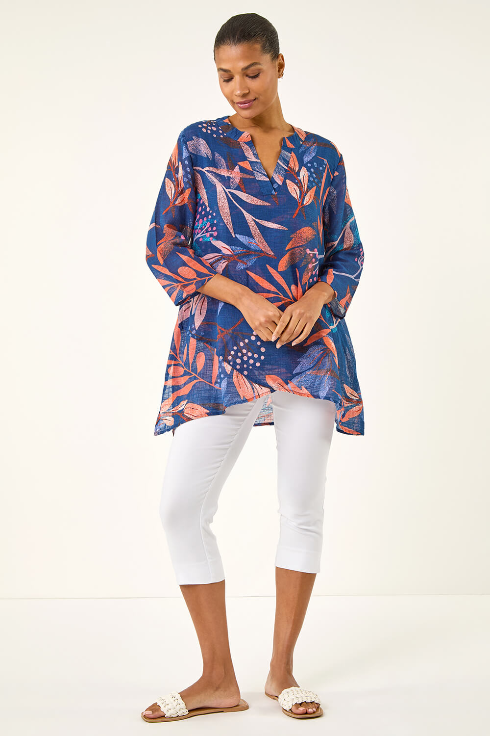 Navy Leaf Print Wrap Front Tunic Top | Roman UK