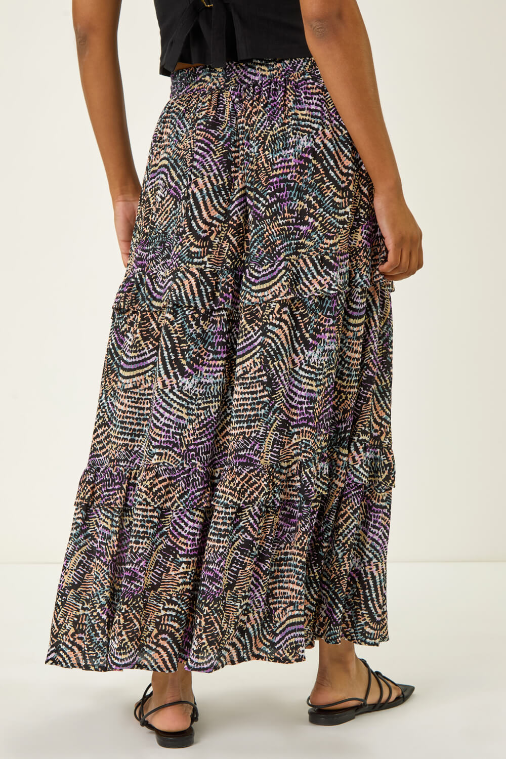 Black Abstract Contrast Print Maxi Skirt | Roman UK