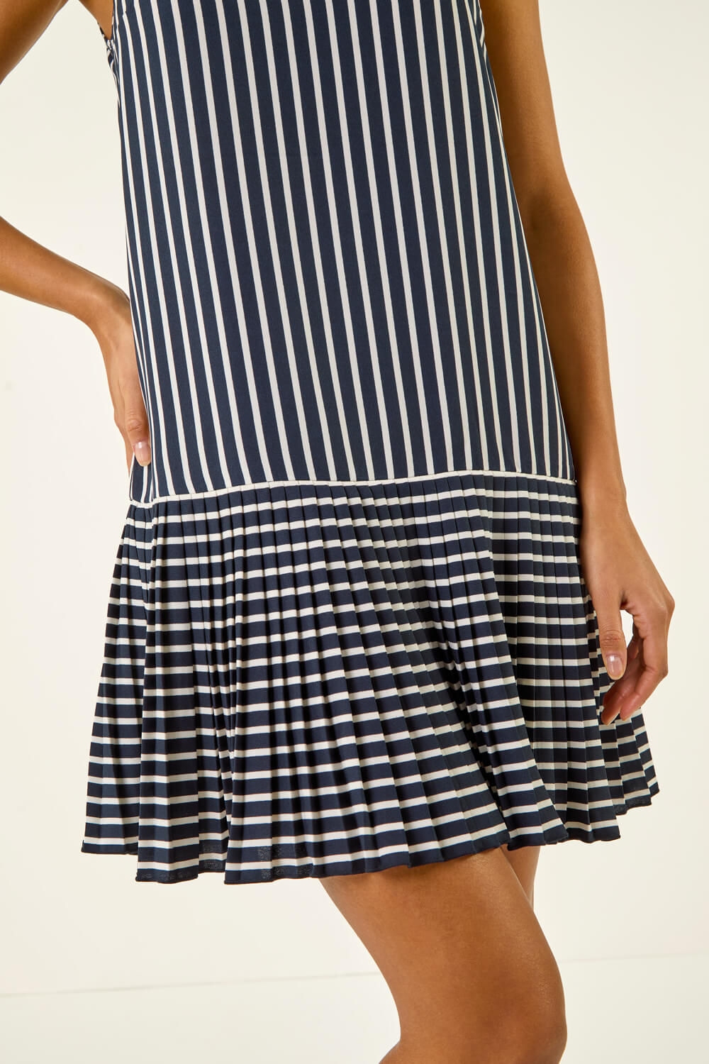 Navy Stripe Print Pleated A-Line Dress | Roman UK