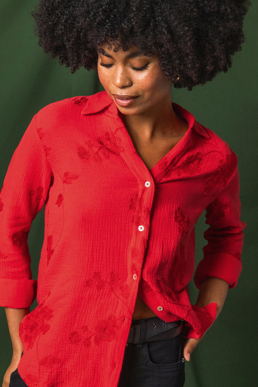 Red Floral Embroidered Collared Shirt | Roman UK