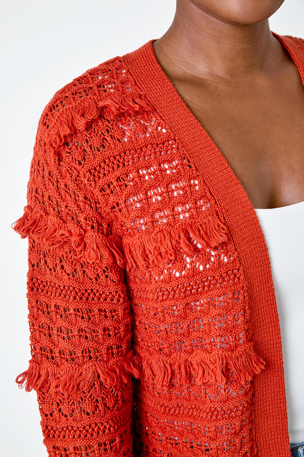 Rust Fringe Detail Scalloped Cotton Blend Cardigan | Roman UK