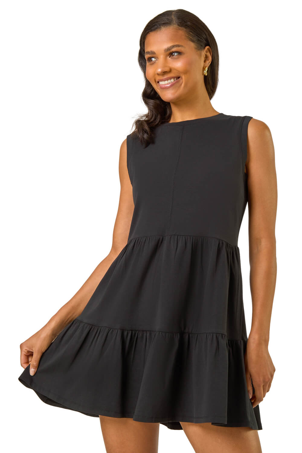 Black Cotton Tiered Stretch Dress | Roman UK