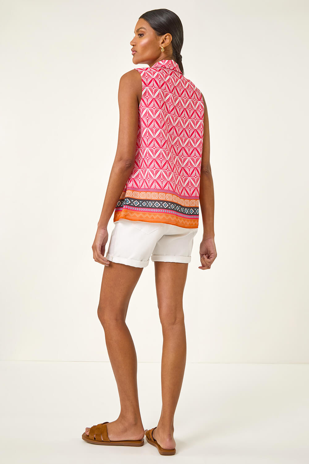 Red Geo Border Print Button Blouse | Roman UK