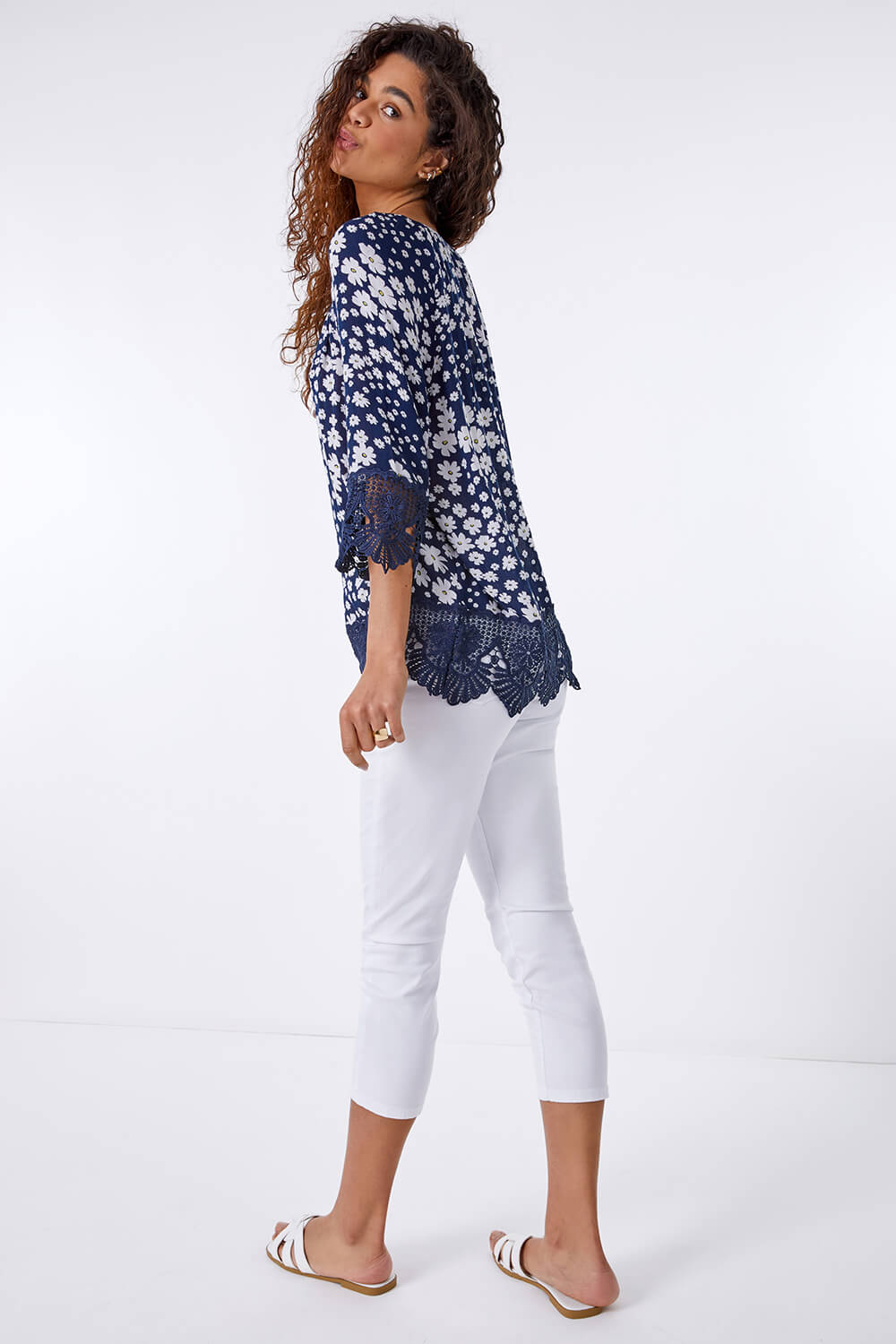 Floral Print Lace Trim Top in Navy - Roman Originals UK