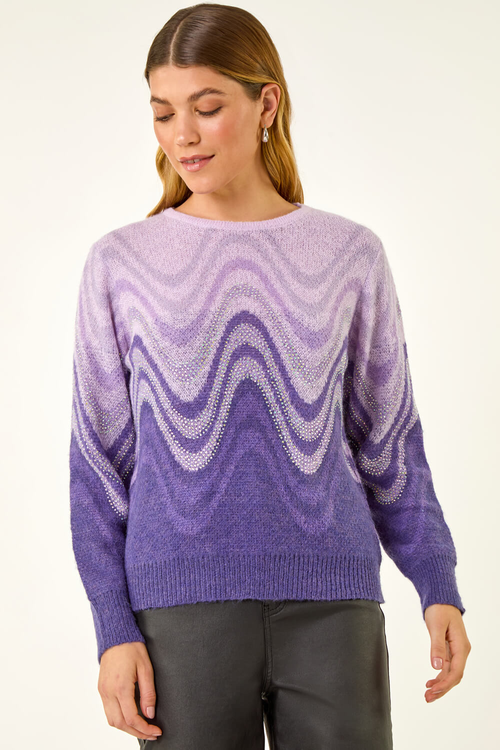 Purple Metallic Ombre Wave Knit Jumper | Roman UK