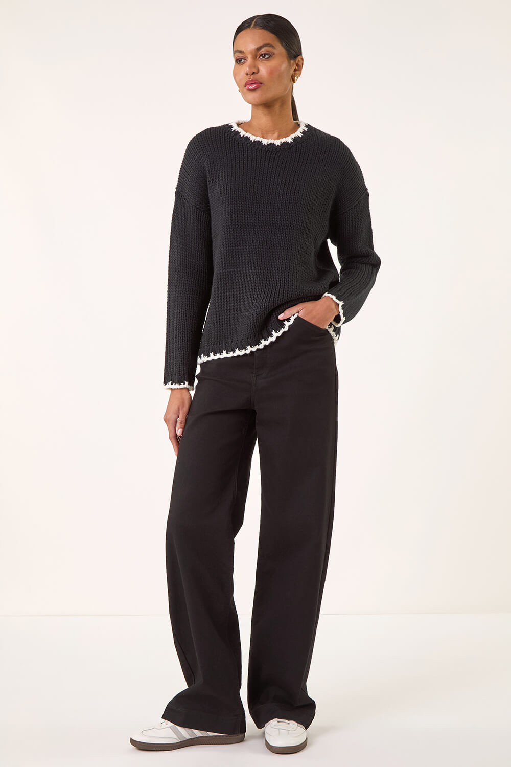 Black Stitch Detail Soft Knit Jumper | Roman UK