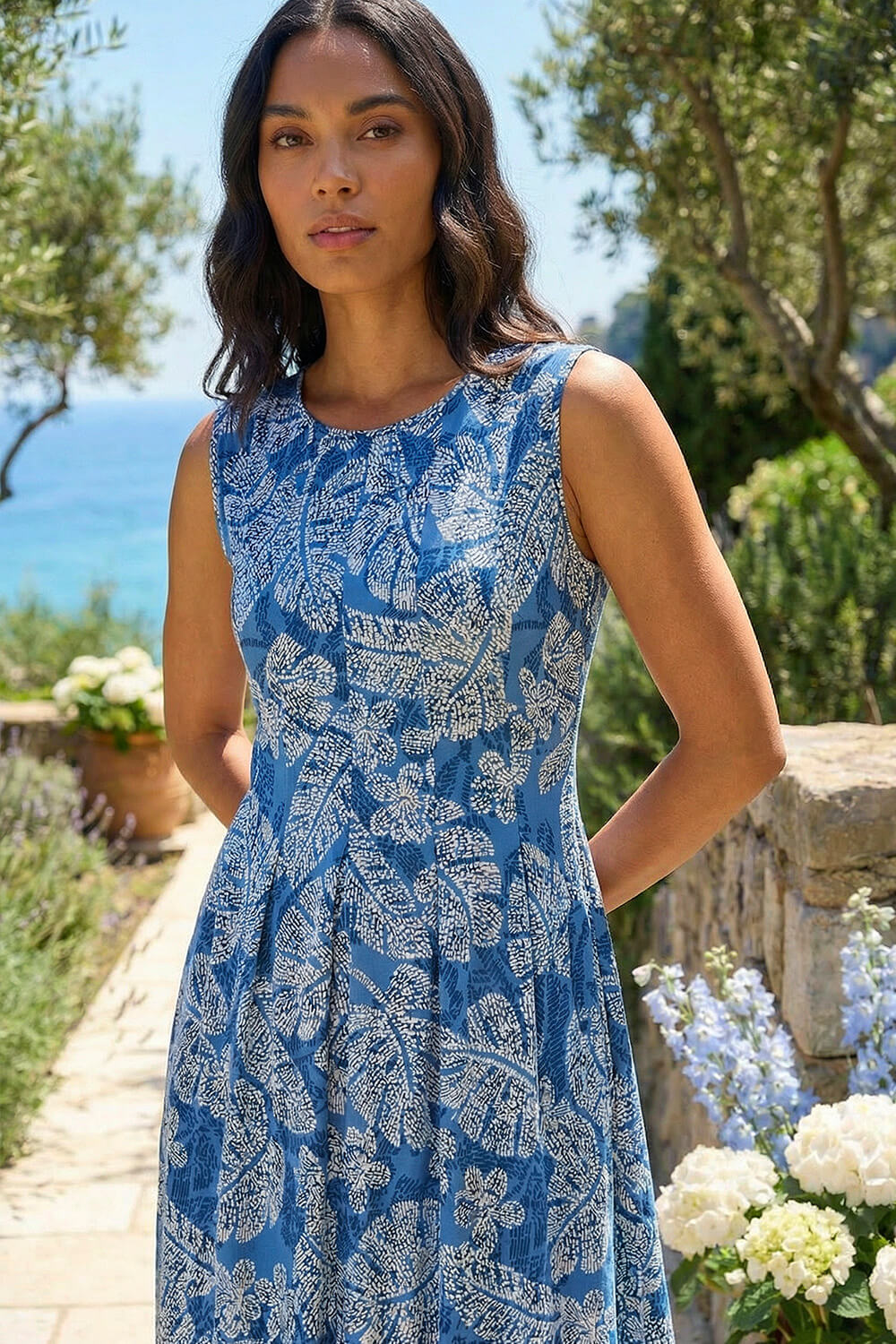 Navy Leaf Print Panel Dress | Roman UK