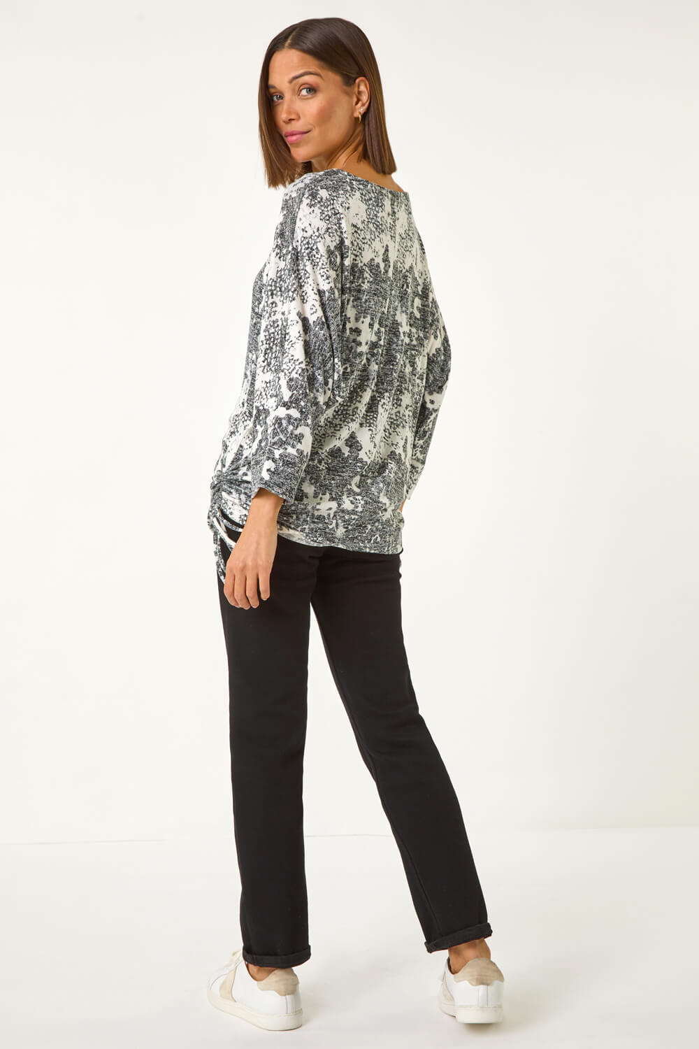 Grey Printed Side Tie Snit Top | Roman UK