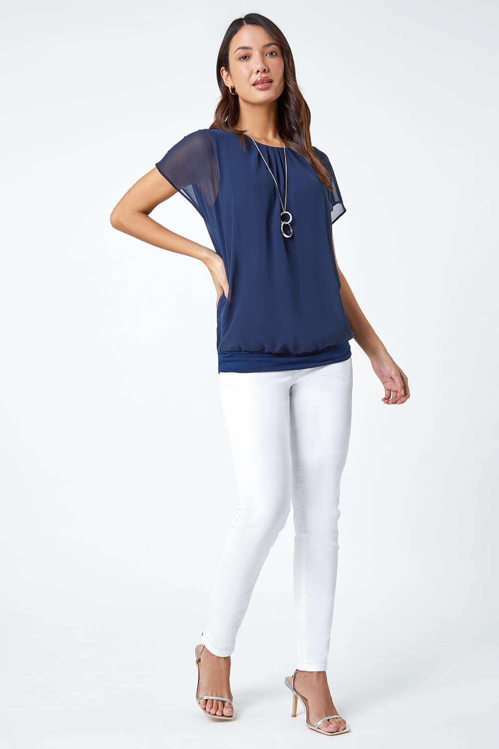Navy Chiffon Jersey Blouson Top with Necklace | Roman UK