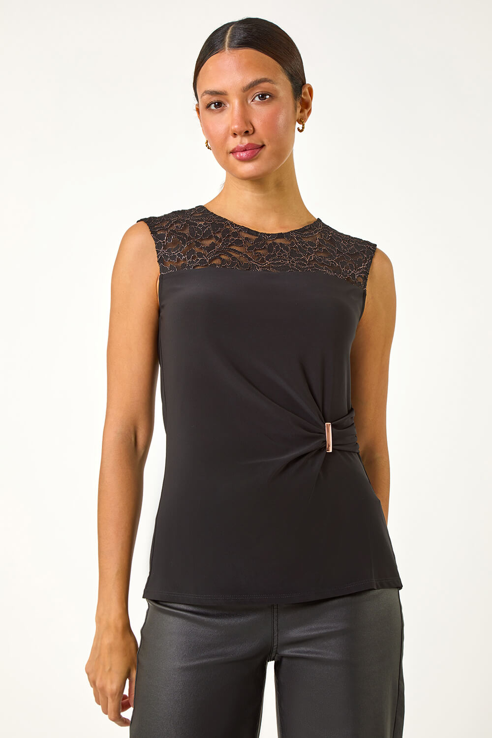 Bronze Lace Yoke Gathered Waist Top | Roman UK