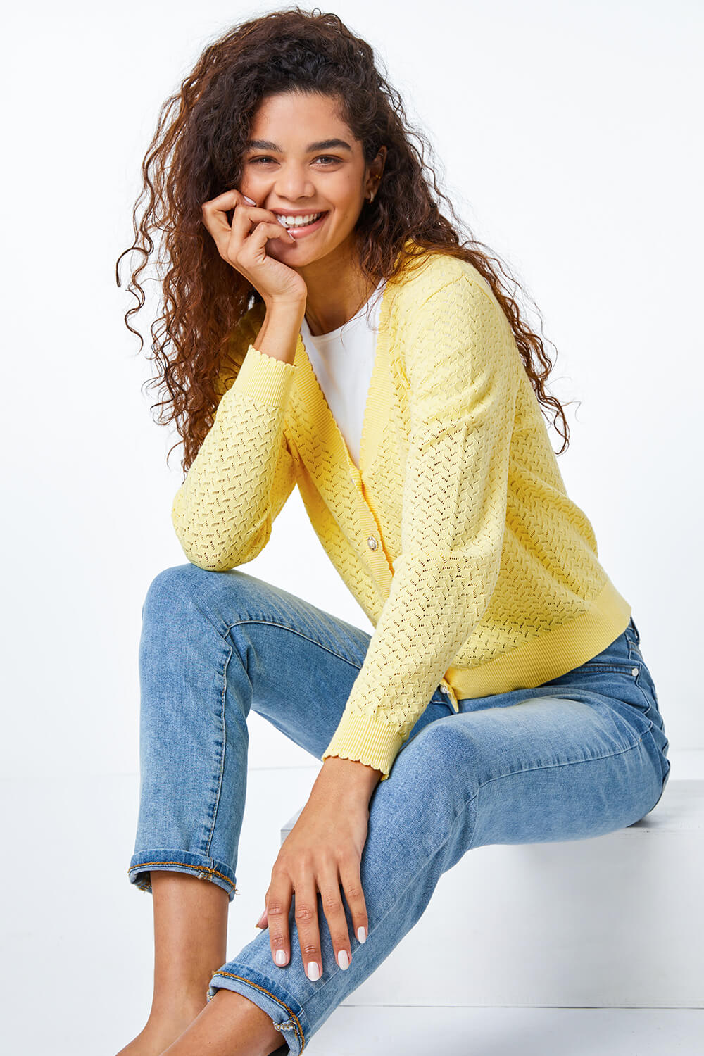 Textured V-Neck Button Detail Cardigan in Lemon - Roman Originals UK