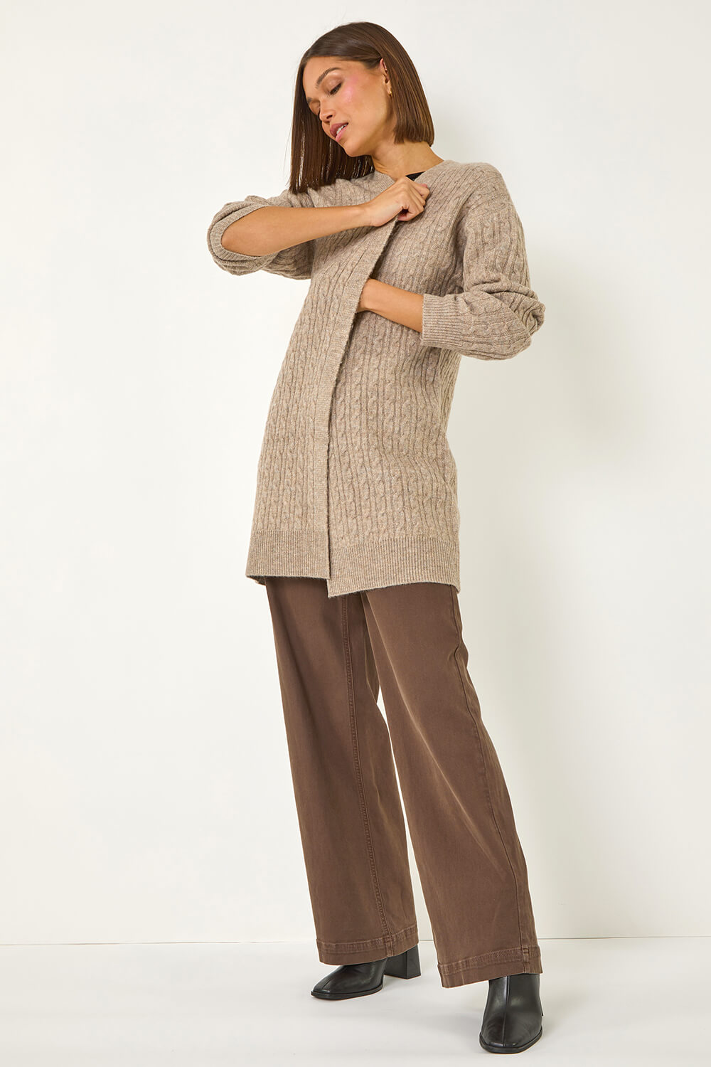 Natural Cable Knit Longline Cardigan | Roman UK