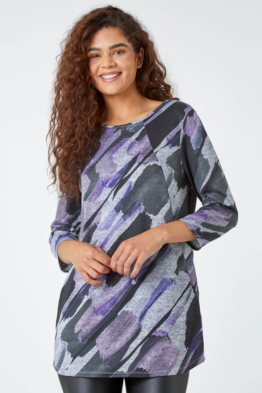 Purple Abstract Print Pocket Detail Tunic Stretch Top | Roman UK