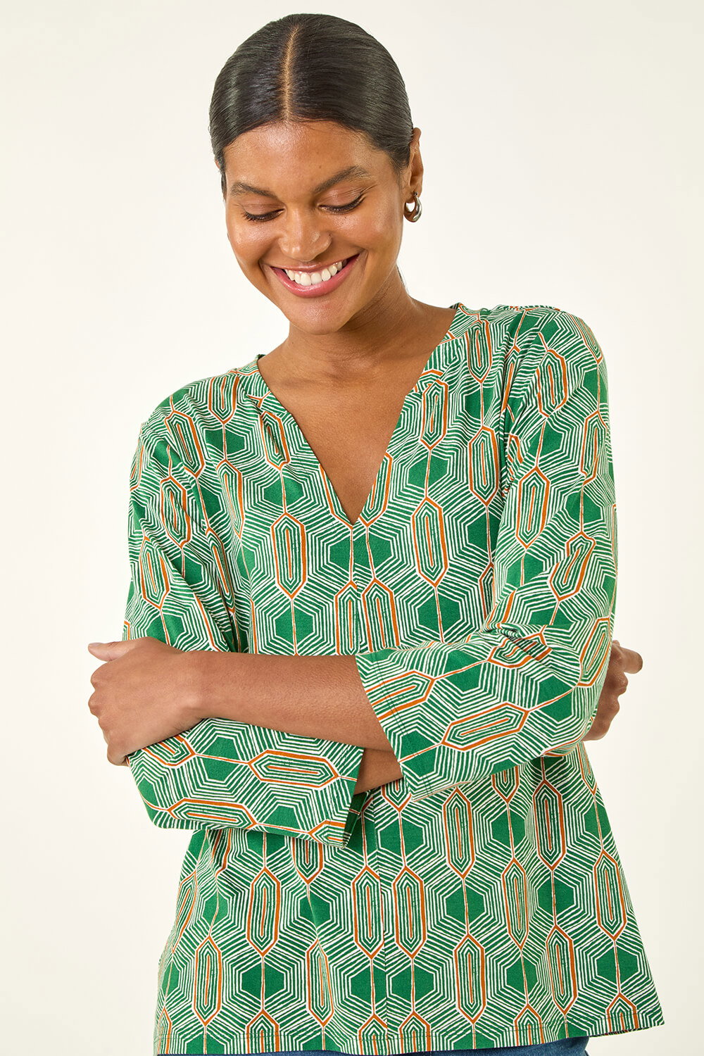 Green Geometric Print Stretch Top | Roman UK