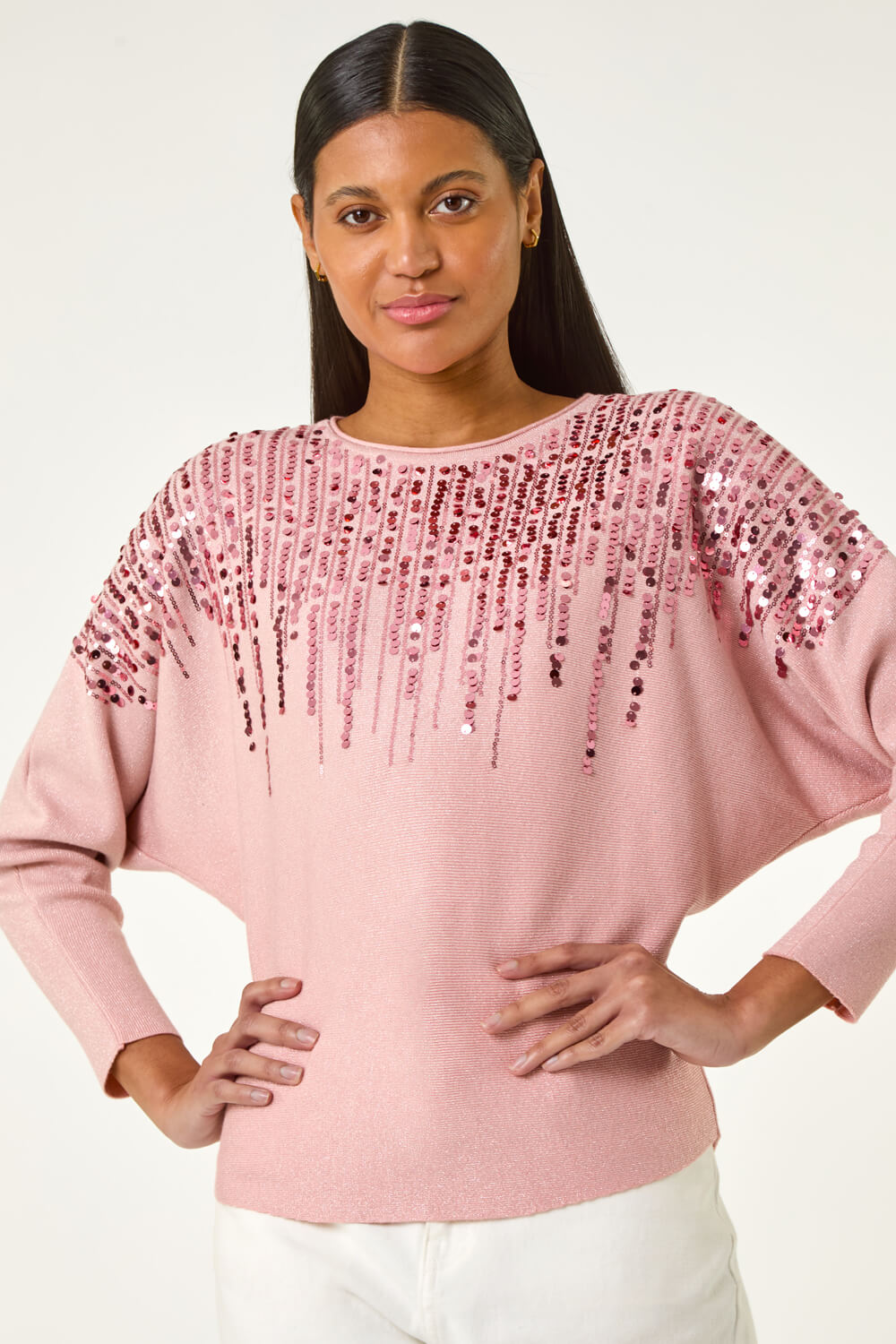 Pink Sequin Drop Knit Jumper | Roman UK