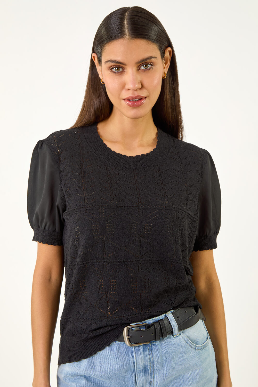 Black Pointelle Knitted Top | Roman UK