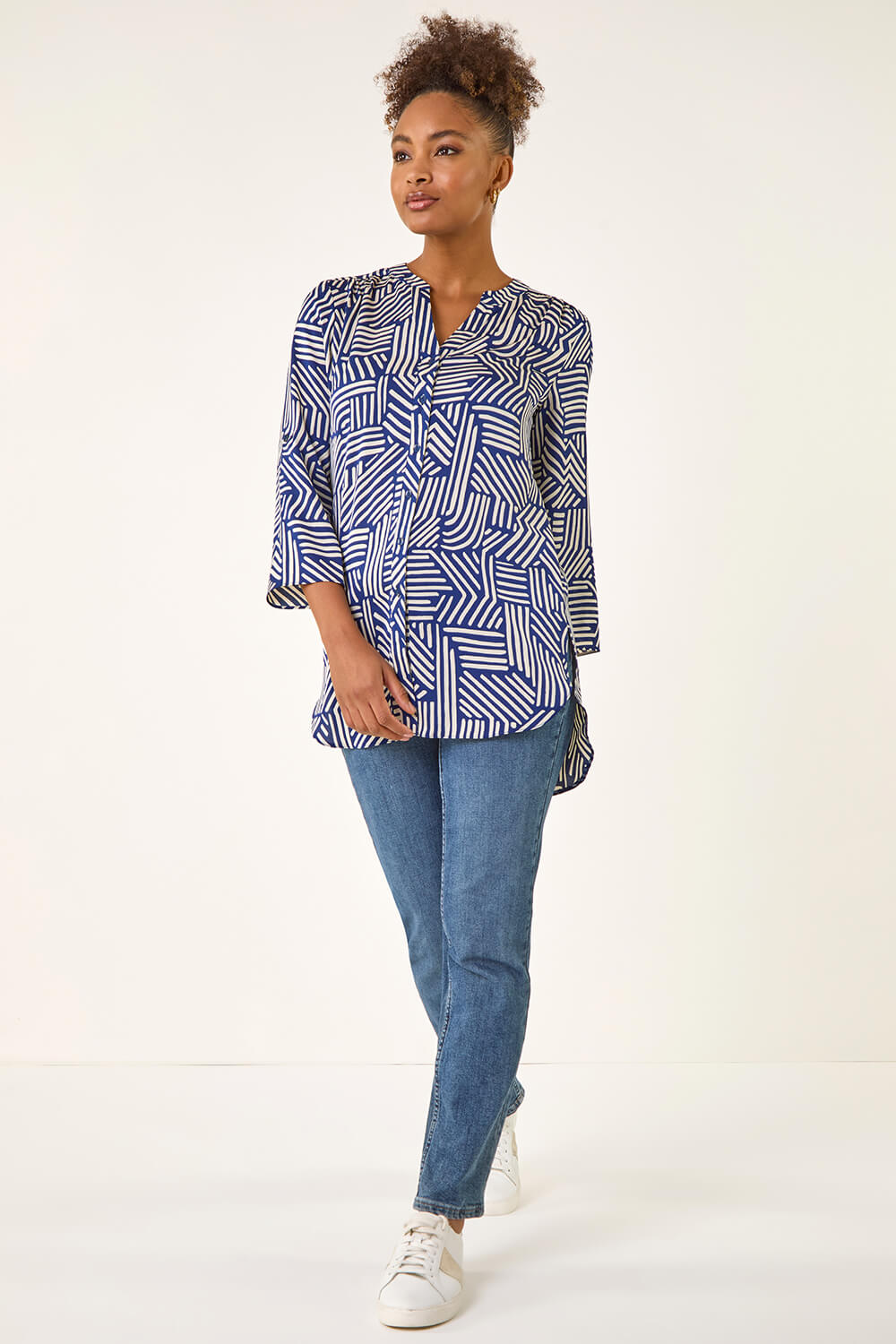 Navy Geo Mono Print Buttoned Blouse | Roman UK