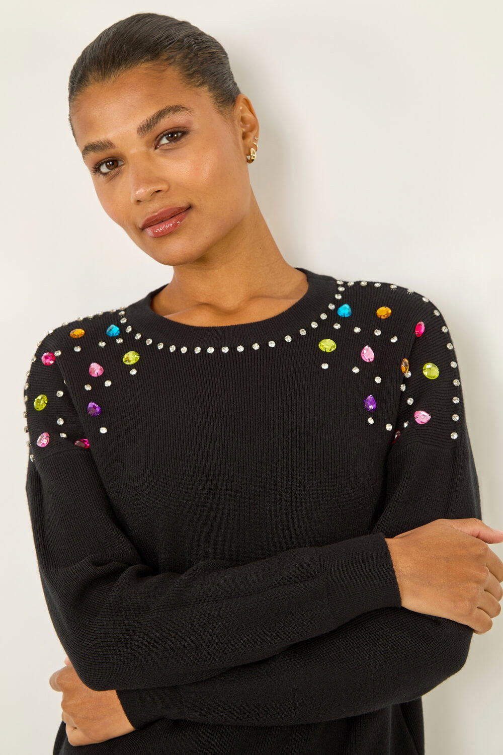 Black Sparkly Shoulder Knit Jumper | Roman UK