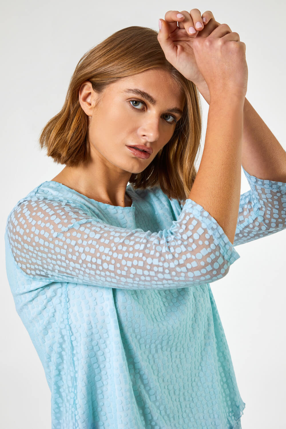 Burnout Print Asymmetric Stretch Top in Light Blue - Roman Originals UK