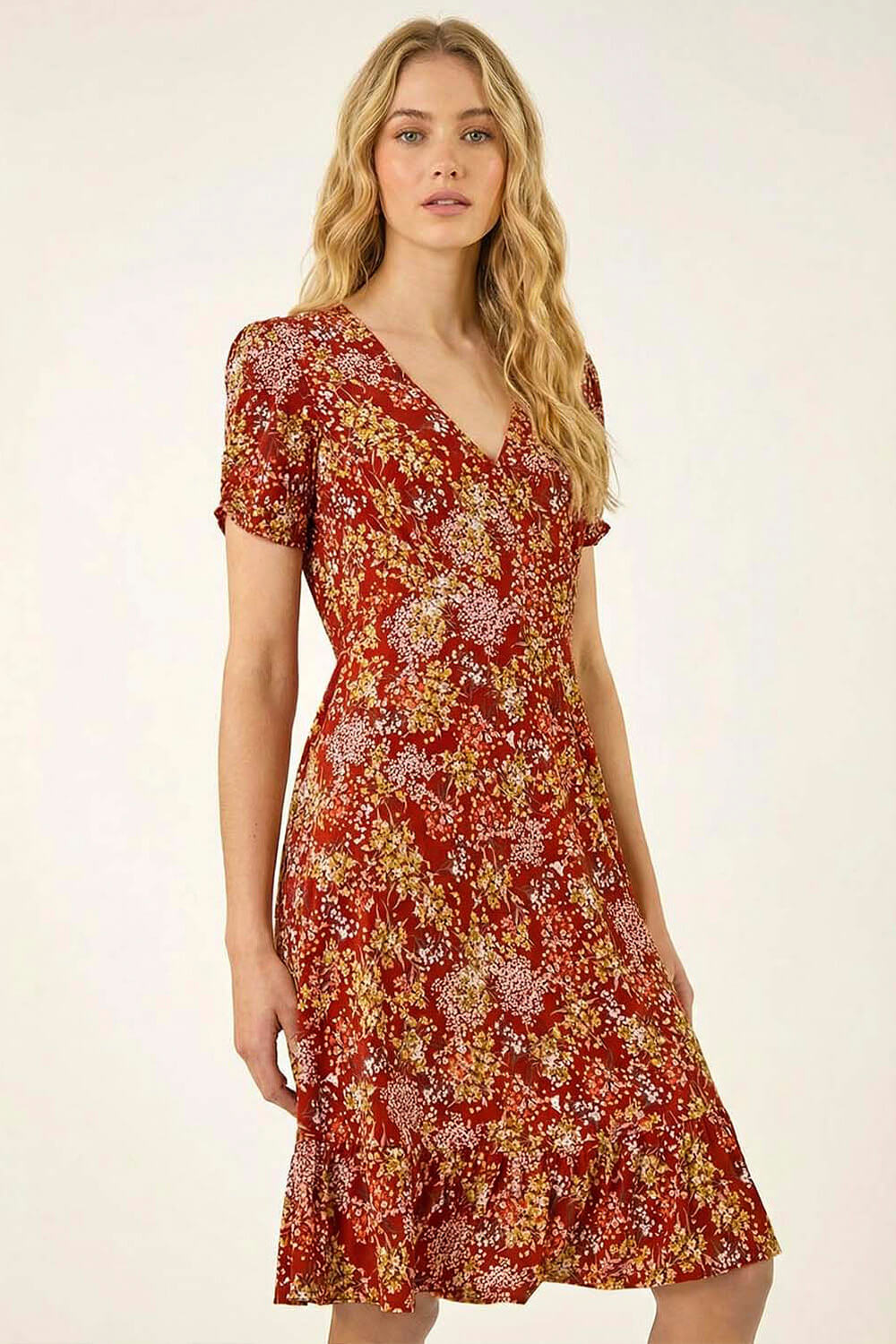 Red Floral Print Button Stretch Tea Dress | Roman UK