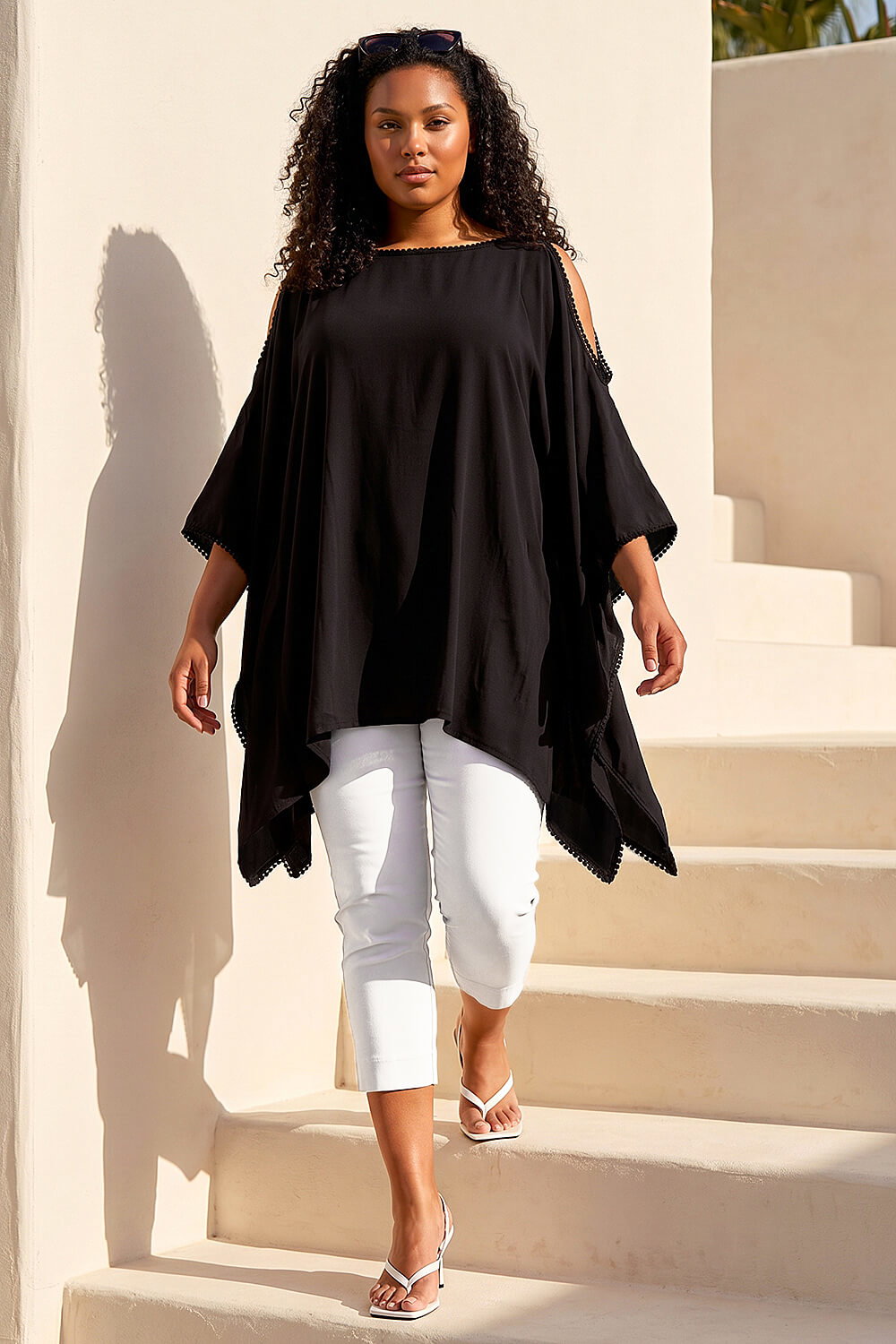 Black Curve Bobble Trim Hanky Hem Top | Roman UK