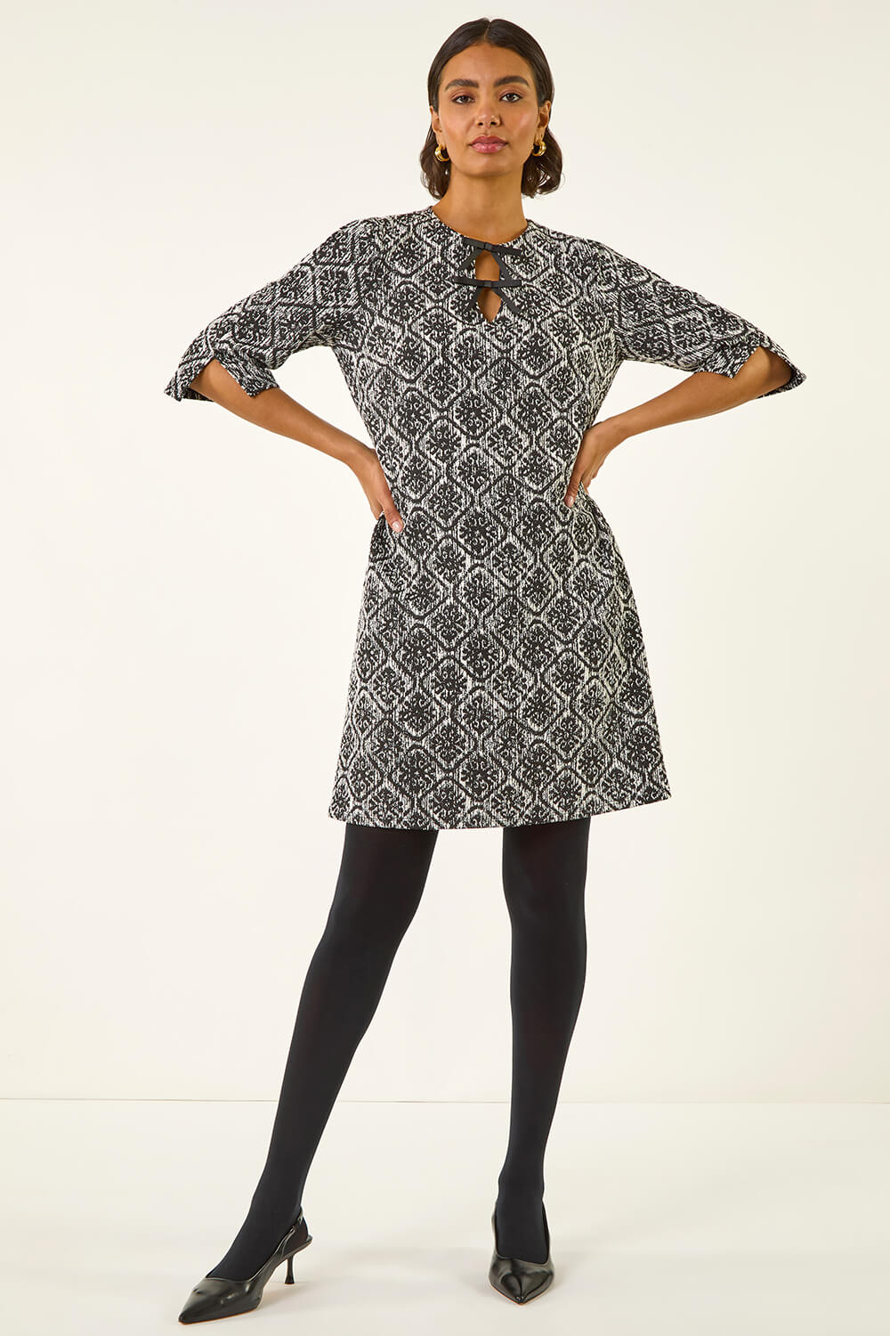 Black Tile Print Tie Keyhole Stretch Dress | Roman UK