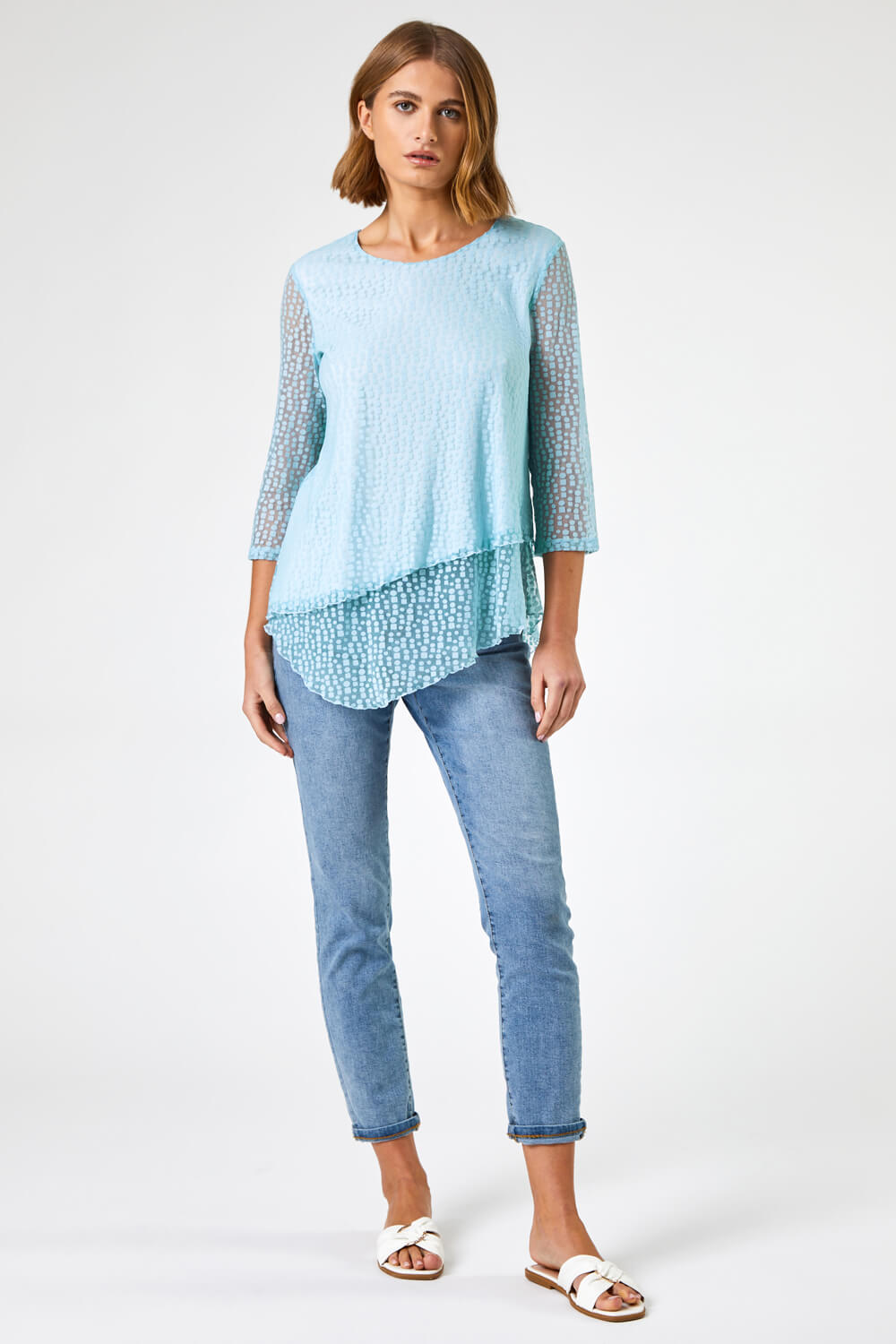 Burnout Print Asymmetric Stretch Top in Light Blue - Roman Originals UK