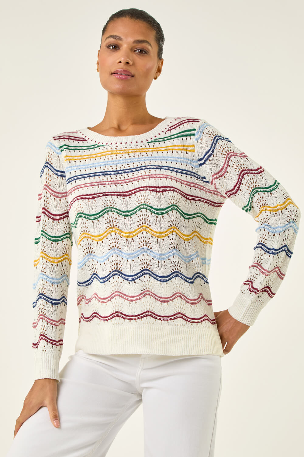 Ivory Stripe Wave Knit Jumper | Roman UK