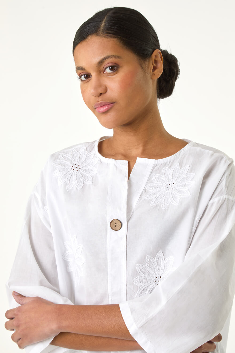 Ivory Cotton Floral Embroidered Tunic Top | Roman UK