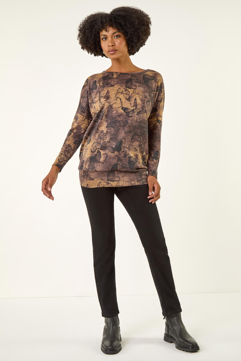 Tan Butterfly Print Snit Top | Roman UK