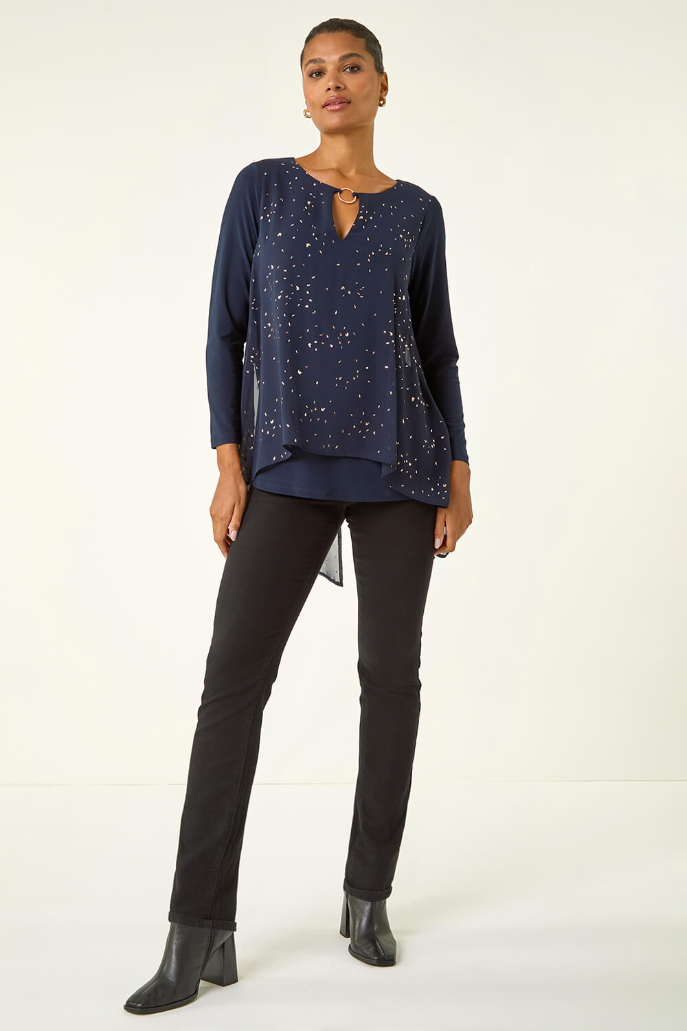 Navy Ring Front Foil Tunic Top | Roman UK