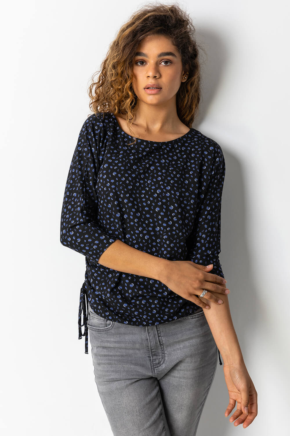 Spot Print Side Tie Top in Navy - Roman Originals UK