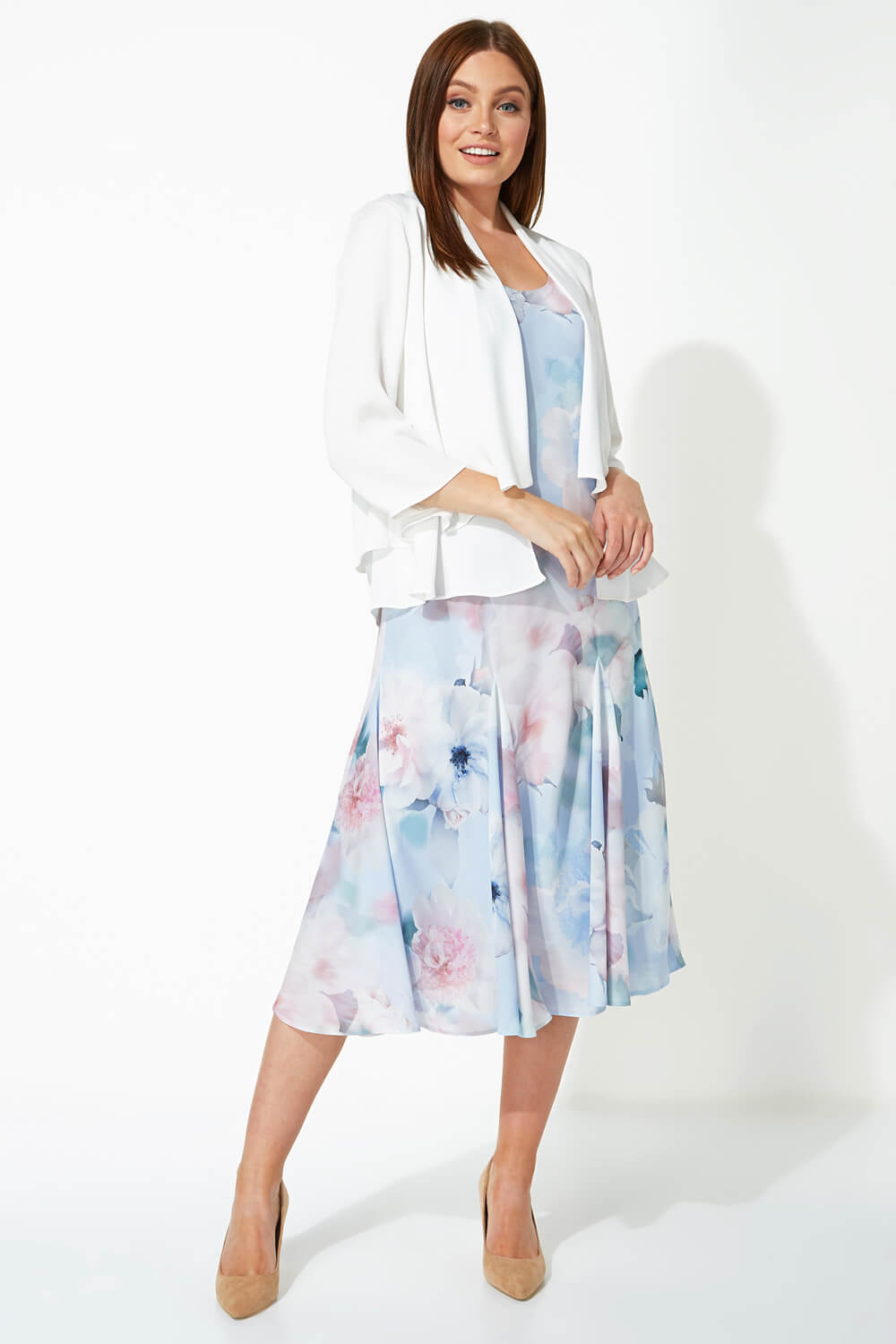 Floral Bias Cut Fluted Hem Godet Midi Dress in Lilac - Roman Originals UK