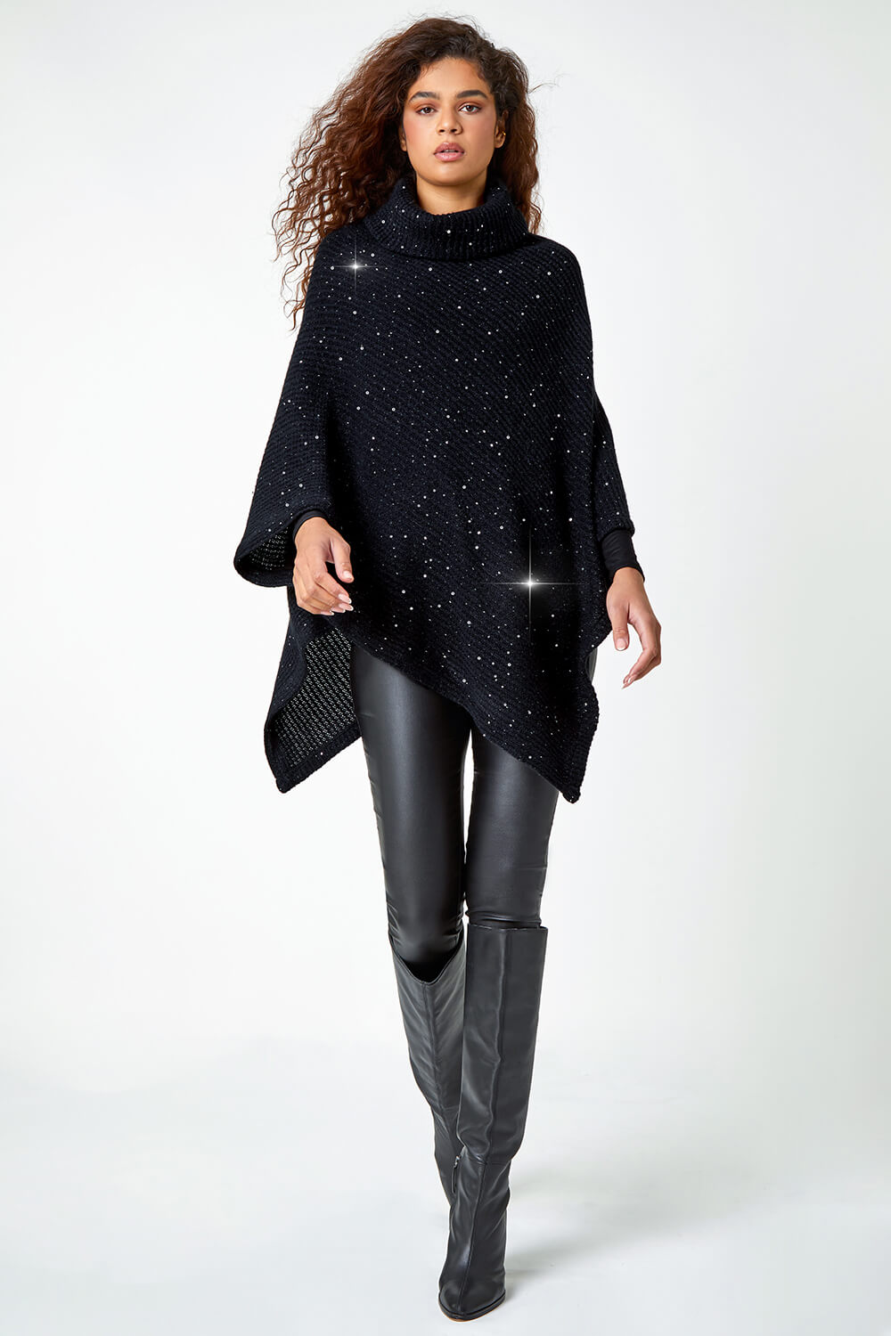 Black Ribbed Roll Neck Sequin Poncho | Roman UK