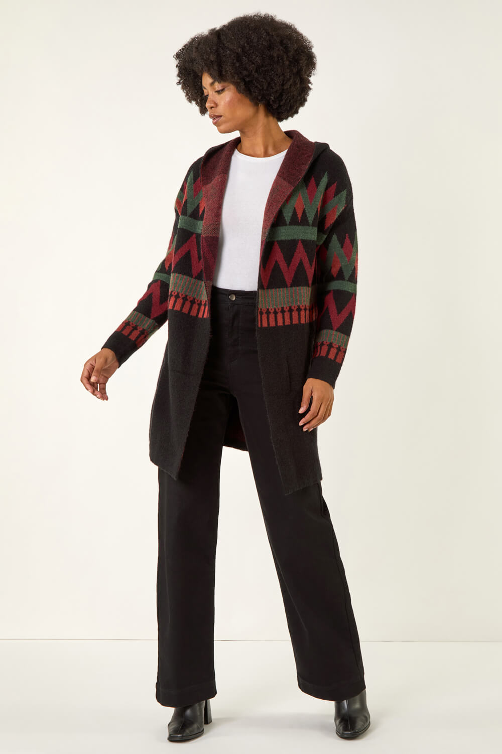 Black Nordic Pattern Hooded Knit Cardigan | Roman UK