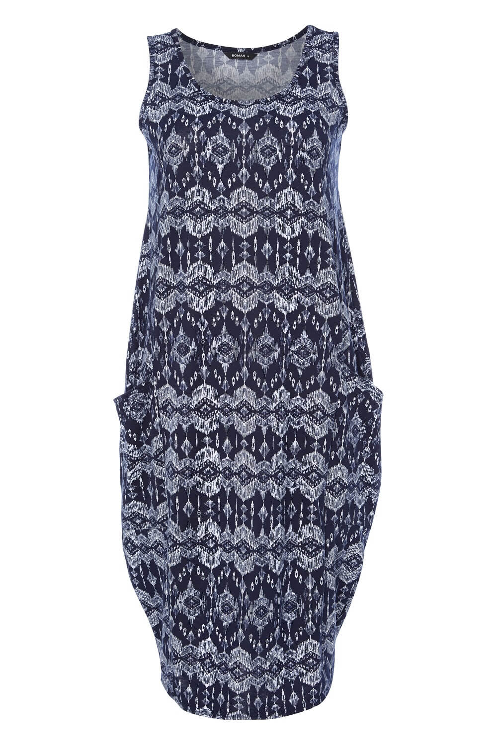 Aztec Print Slouch Pocket Cocoon Dress in Navy - Roman Originals UK
