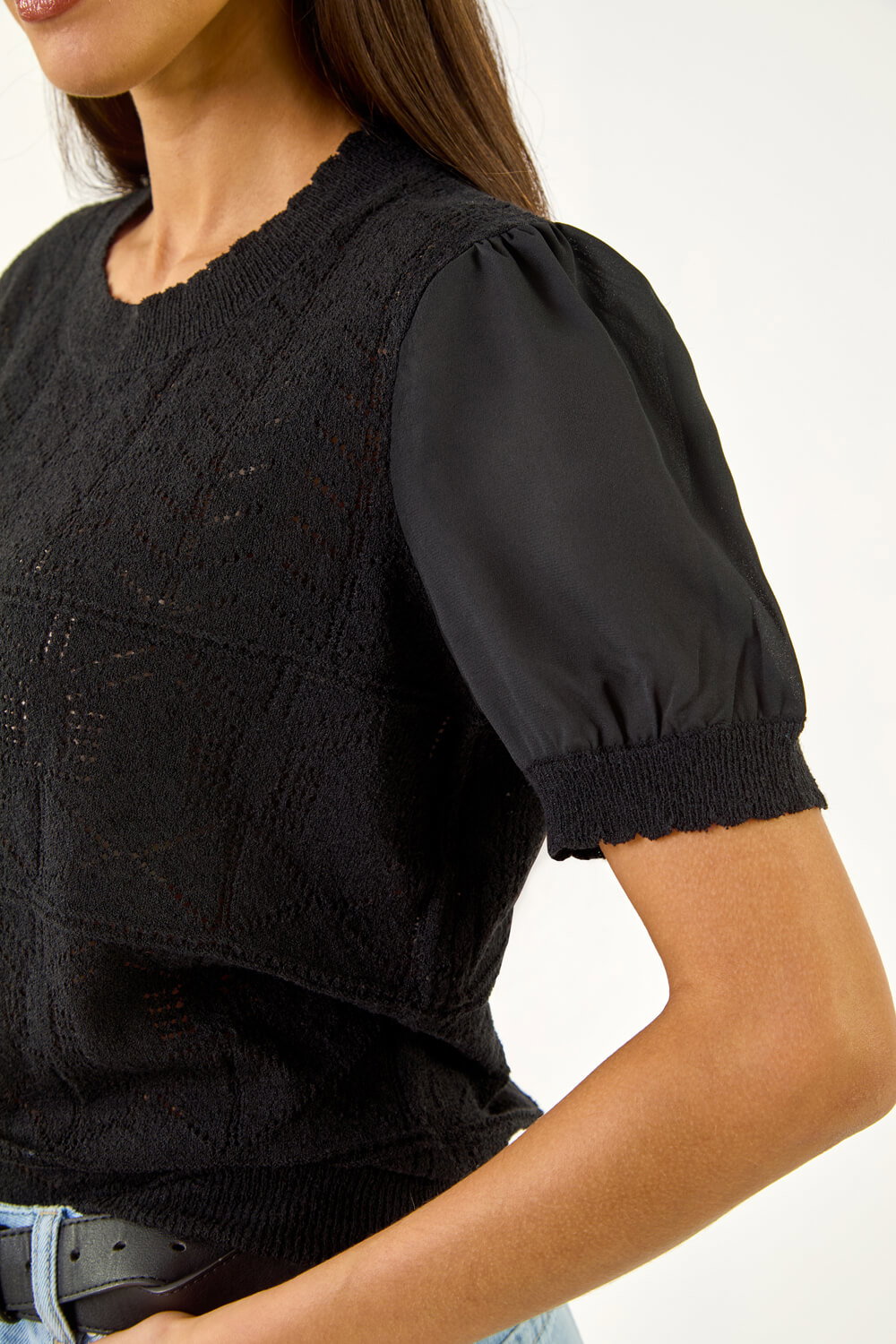 Black Pointelle Knitted Top | Roman UK