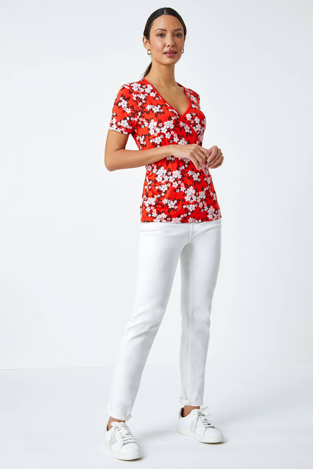 Red Floral Print Wrap Stretch Top | Roman UK