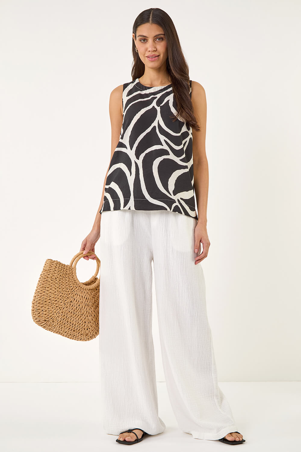 Black Mono Abstract Print Shell Top | Roman UK