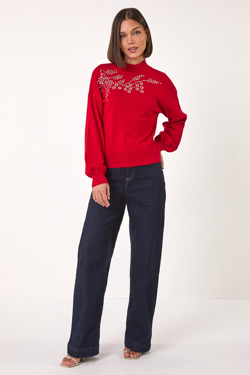 Red Floral Hotfix Detail Knit Jumper | Roman UK