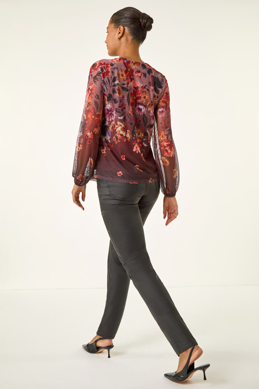 Chocolate Floral Print Mesh Top | Roman UK