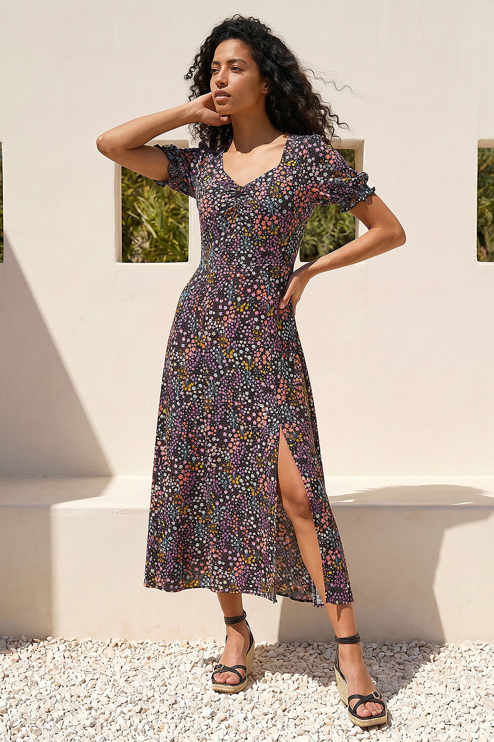 Black Ditsy Floral Sweetheart Midi Dress | Roman UK