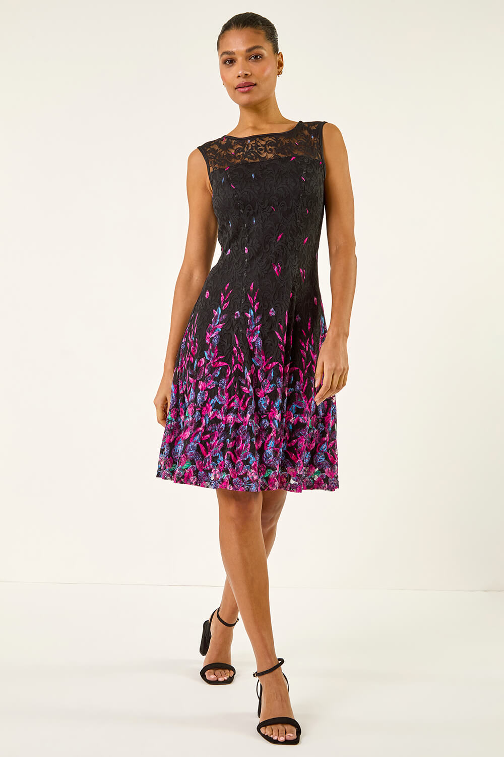 Pink Leaf Print Lace Stretch Dress | Roman UK